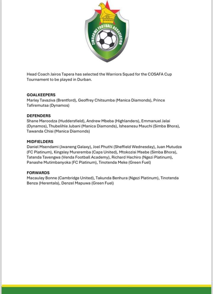 Coupe COSAFA 2024 : Le Zimbabwe dévoile sa liste - AfricaFootUnited