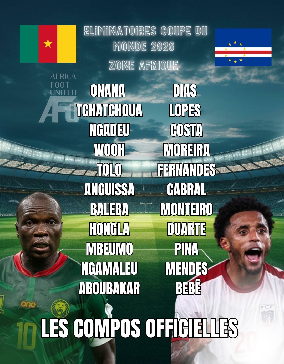 Éliminatoires Coupe du Monde 2026 – Groupe D : Les compositions officielles du match Cameroun ...