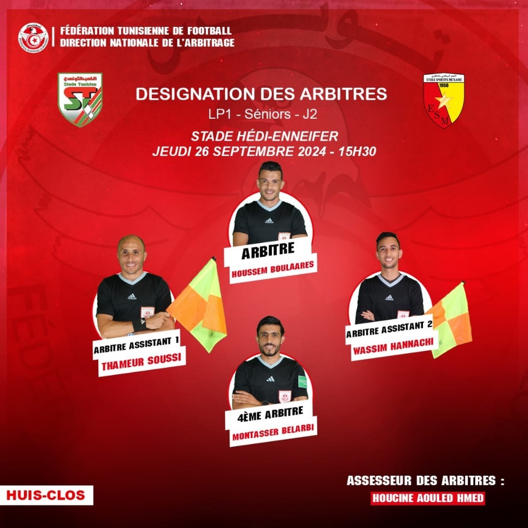 Tunisie- Ligue 1 (J2) : Houssem Boulaares, arbitre du match Stade ...